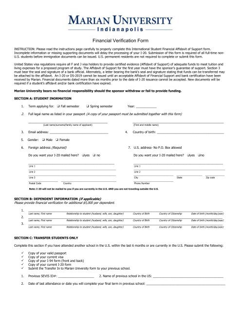Financial Verification Form - Marian University