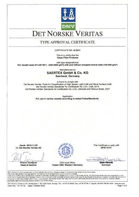DNV Certificate Glass Quadrax - Saertex
