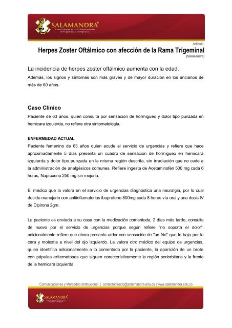 Herpes Zoster Oftálmico con afección de la Rama ... - Salamandra