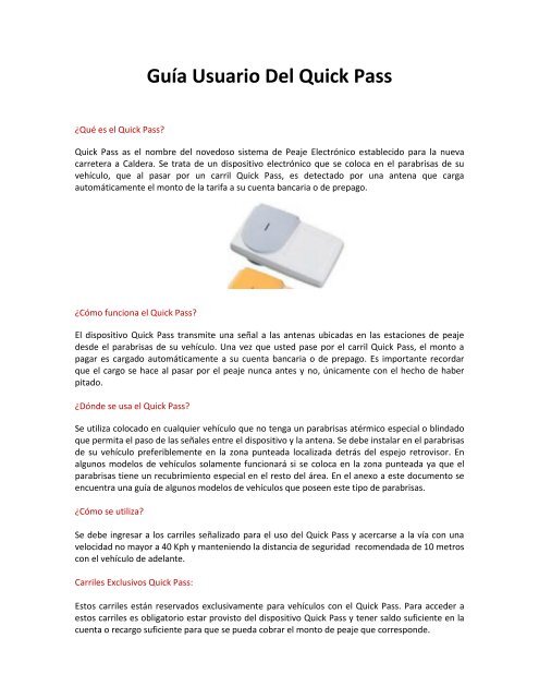 Guía Usuario Del Quick Pass - Banco Nacional de Costa Rica