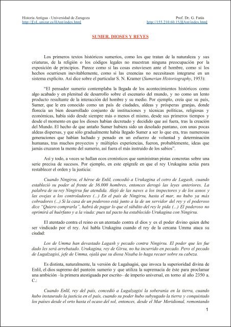 1 SUMER. DIOSES Y REYES Los primeros textos ... - Hecho Histórico