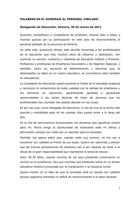 PALABRAS EN EL HOMENAJE AL PERSONAL JUBILADO ... PALABRAS EN EL HOMENAJE AL PERSONAL JUBILADO ...