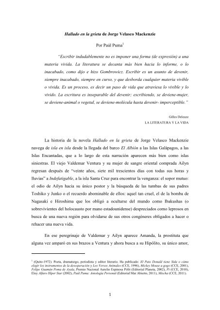 Hallado en la grieta de Jorge Velasco Mackenzie Por Paúl Puma ...