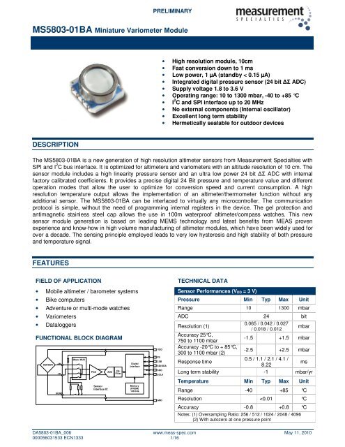 MS5803-01BA Miniature Variometer Module ... - Sander electronic