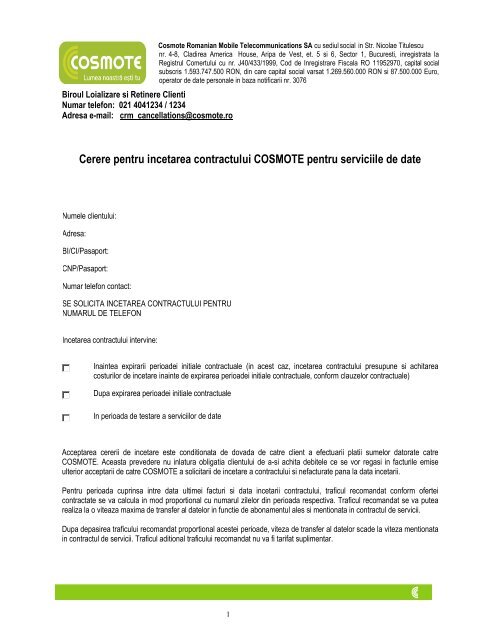 Cerere pentru incetarea contractului COSMOTE pentru ... - Internity
