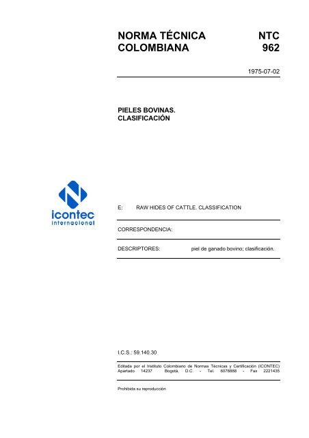 NORMA TÉCNICA NTC COLOMBIANA 962 - Icontec NORMA TÉCNICA NTC COLOMBIANA 962 - Icontec