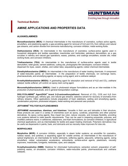 Amine Applications and Properties Data