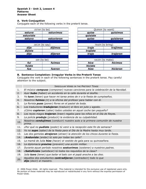 Spanish 3 - Unit 2, Lesson 4 Patterns Answer Sheet A. Verb ...