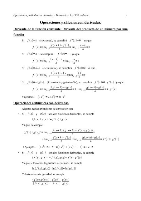 Operaciones y cálculos con derivadas.