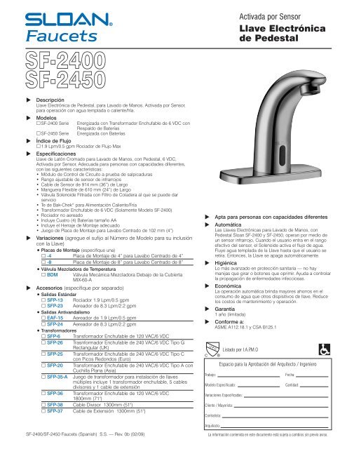 Especificaciones del SF-2400 and SF-2450 - Sloan Valve Company