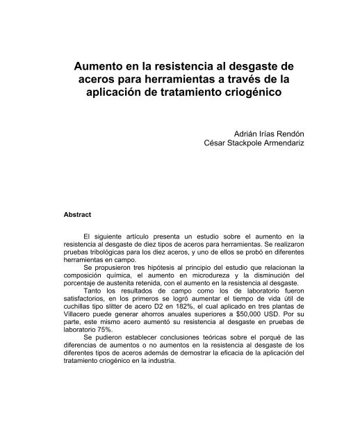 Aumento en la resistencia al desgaste de aceros para ... - CRYOSA