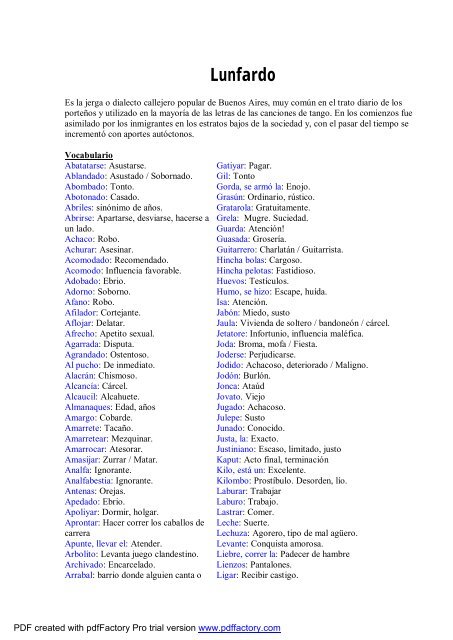 Diccionario Lunfardo de Buenos Aires - Folklore Tradiciones