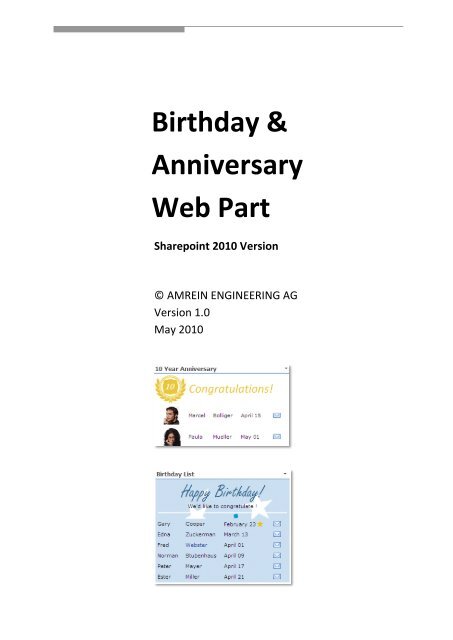 Birthday & Anniversary Web Part Sharepoint ... - Amrein Engineering