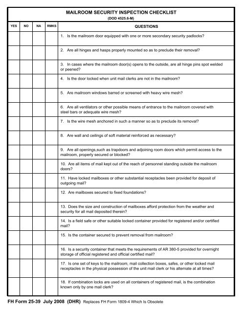 Mailroom Security Inspection Checklist