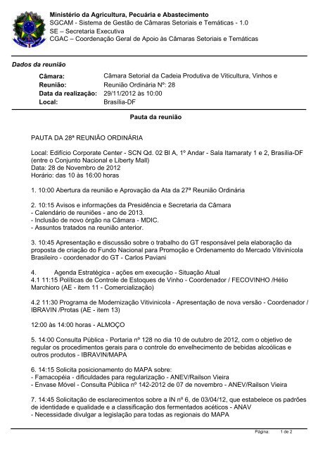 Pauta da Reunião - Ministério da Agricultura, Pecuária e ...