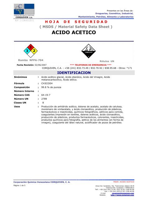 Msds De Acido Acetico ACETIC ACID GLACIAL 99.5% Extra Pure Oxford