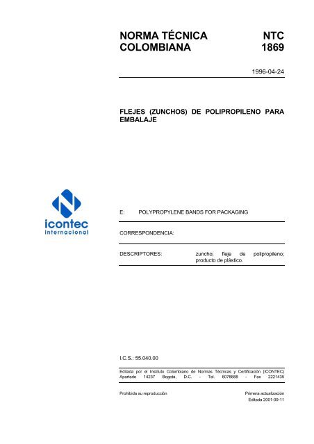 NORMA TÉCNICA NTC COLOMBIANA 1869 - Icontec NORMA TÉCNICA NTC COLOMBIANA 1869 - Icontec