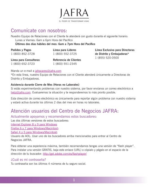 Ayuda/Contáctanos - JafraBiz