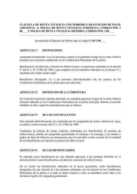 CLAUSULA DE RENTA VITALICIA CON PERIODO ... - SVS
