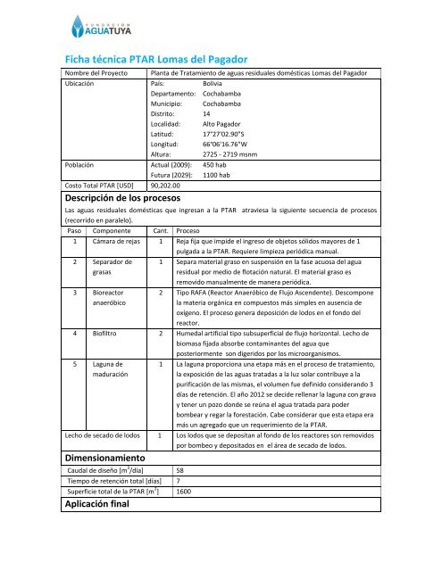 Ficha técnica PTAR Lomas del Pagador - aguatuya