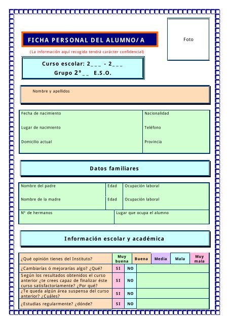FICHA PERSONAL DEL ALUMNO/A