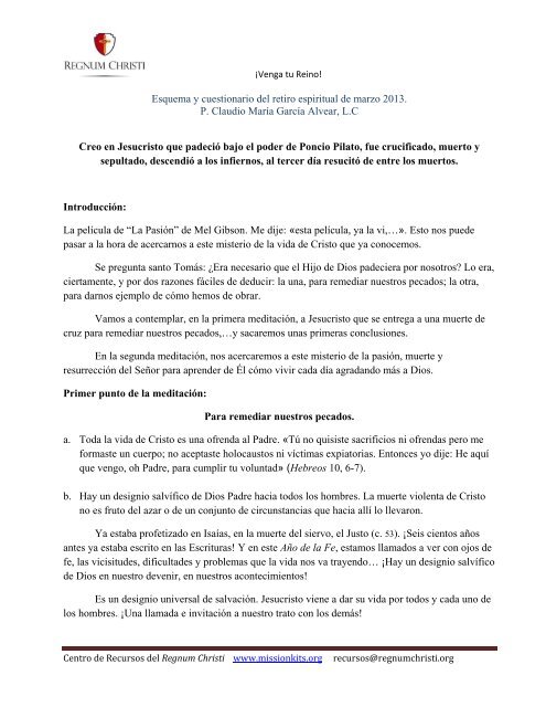 Esquema y cuestionario del retiro espiritual de ... - Alter Christus