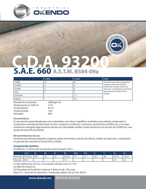 SAE 660 ASTM B584-09a CDA 93200 - Bronce