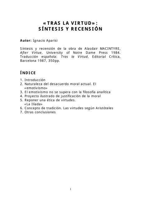 «TRAS LA VIRTUD»: SÍNTESIS Y RECENSIÓN
