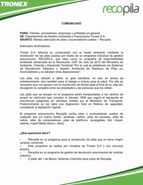 COMUNICADO PARA: Clientes, proveedores, empresas ... - Recopila