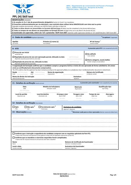DLPF Form 016 - PPL(H) Skill Test