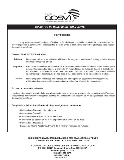 SOLICITUD DE BENEFICIOS POR MUERTE - Cosvi