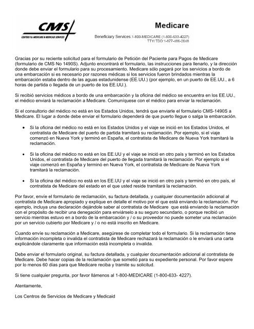 formulario de CMS No 1490 - Centers for Medicare & Medicaid ...