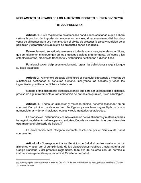 1 REGLAMENTO SANITARIO DE LOS ALIMENTOS ... - Sernac