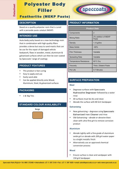 Polyester Body Filler Featherlite (MEKP Paste) - Speccoats