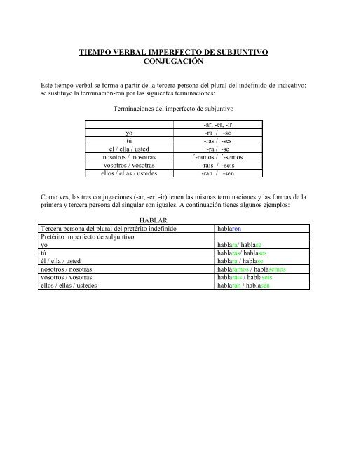 tiempo verbal imperfecto de subjuntivo conjugación - Spanish - The ...