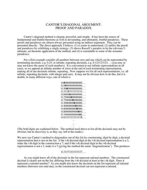 CANTOR'S DIAGONAL ARGUMENT: PROOF AND PARADOX
