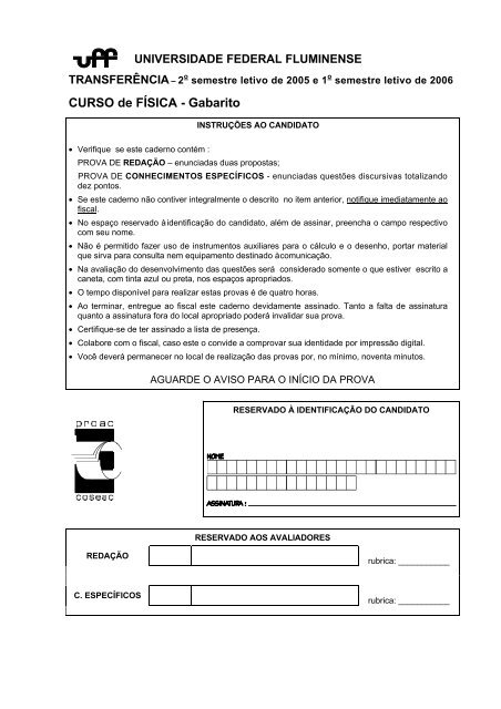 CURSO de FÍSICA - Gabarito - Uff CURSO de FÍSICA - Gabarito - Uff
