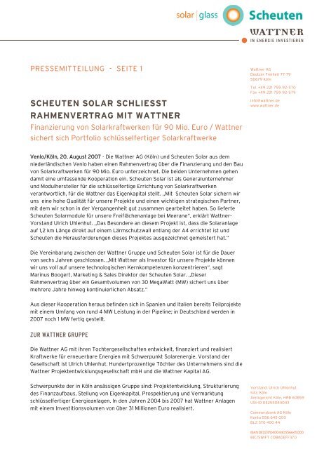 SCHEUTEN SOLAR SCHLIESST RAHMENVERTRAG MIT WATTNER