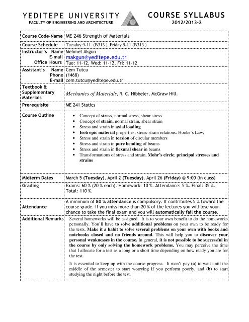 YEDITEPE UNIVERSITY COURSE SYLLABUS