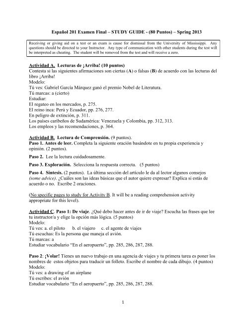 Español 201 Examen Final – STUDY GUIDE - (80 Puntos) – Spring ...