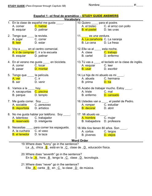 Español 1 –el final de gramática – STUDY GUIDE ANSWERS ...