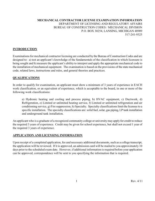 Mechanical Contractor License Examination ... - State of Michigan