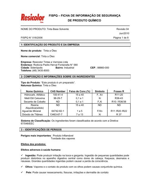 FISPQ – FICHA DE INFORMAÇÃO DE ... - Tintas Resicolor