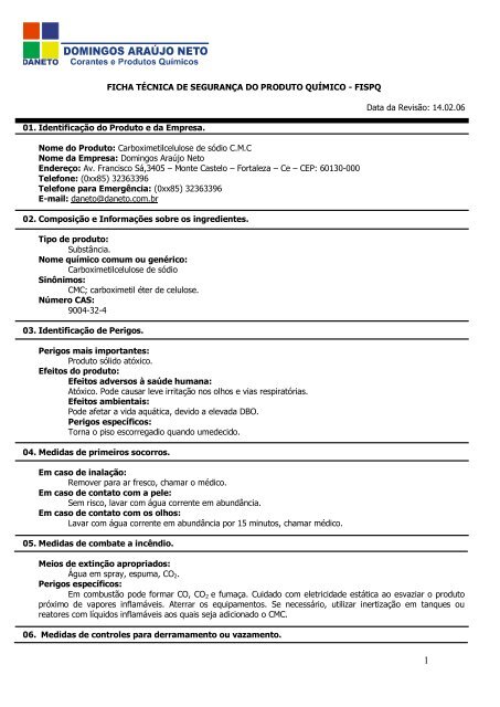ficha técnica de segurança do produto químico - fispq - Daneto