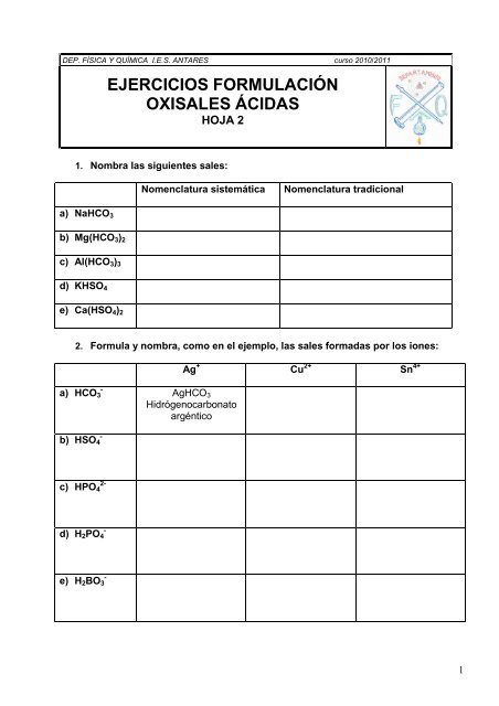 Nomenclatura Sales Acidas Ejemplos