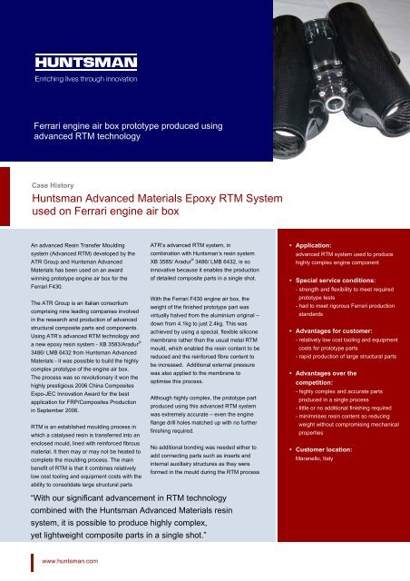Huntsman Advanced Materials Epoxy RTM System used on Ferrari ...