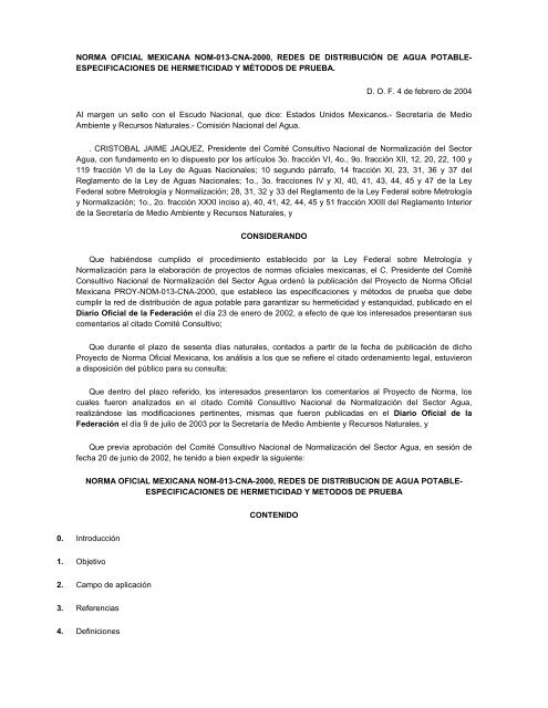 NORMA OFICIAL MEXICANA NOM-013-CNA-2000, REDES DE ...