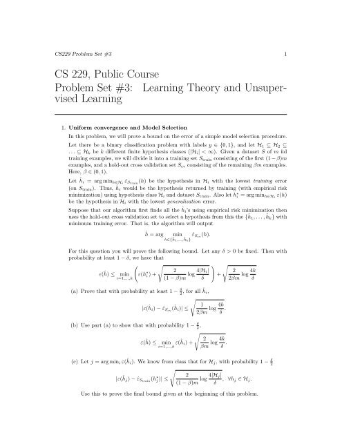 CS 229, Public Course Problem Set #3: Learning Theory and ...