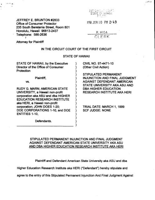 Stipulated Permanent Injunction and Final Judgment ... - Hawaii.gov