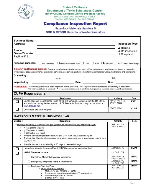 Trinity County - Compliance Inspection Report SQG CESQG